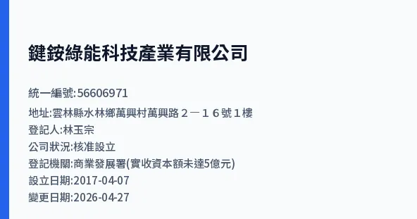 鍵銨綠能科技產業有限公司的照片-統編 56606971(雲林縣) 公司登記資料與營業項目詳細圖表