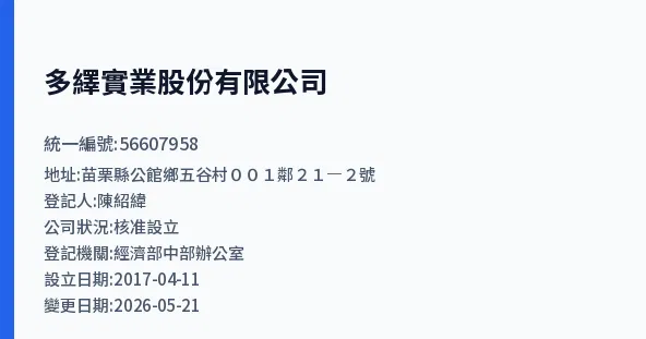 多繹實業股份有限公司的照片-統編 56607958(苗栗縣) 公司登記資料與營業項目詳細圖表