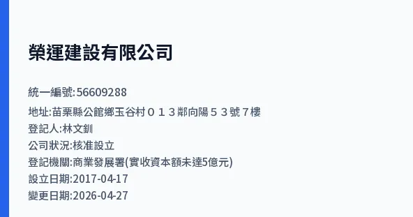 榮運建設有限公司的照片-統編 56609288(苗栗縣) 公司登記資料與營業項目詳細圖表