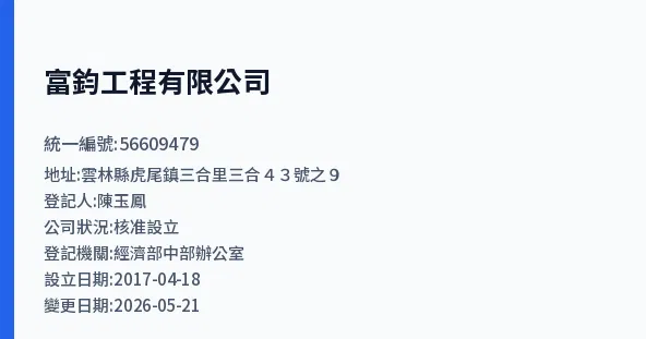 富鈞工程有限公司的照片-統編 56609479(雲林縣) 公司登記資料與營業項目詳細圖表