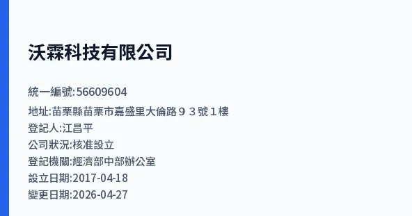 沃霖科技有限公司的照片-統編 56609604(苗栗縣) 公司登記資料與營業項目詳細圖表