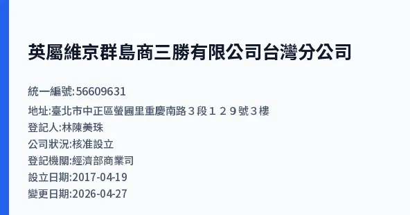 英屬維京群島商三勝有限公司台灣分公司的照片-統編 56609631(臺北市) 公司登記資料與營業項目詳細圖表