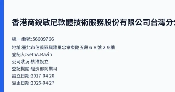 香港商銳敏尼軟體技術服務股份有限公司台灣分公司的照片-統編 56609766(臺北市) 公司登記資料與營業項目詳細圖表
