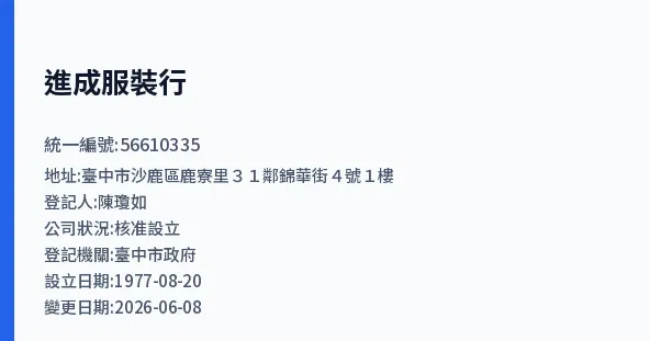 進成服裝行的照片-統編 56610335(臺中市) 公司登記資料與營業項目詳細圖表