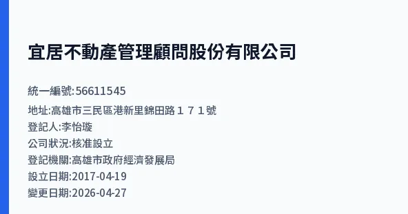 宜居不動產管理顧問股份有限公司的照片-統編 56611545(高雄市) 公司登記資料與營業項目詳細圖表