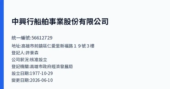 中興行船舶事業股份有限公司的照片-統編 56612729(高雄市) 公司登記資料與營業項目詳細圖表
