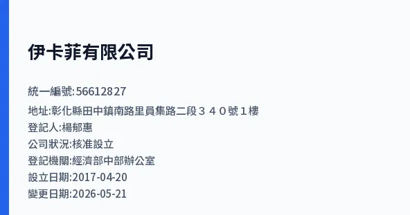 伊卡菲有限公司的照片-統編 56612827(彰化縣) 公司登記資料與營業項目詳細圖表