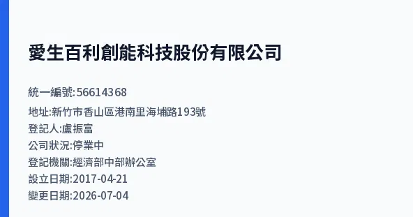 愛生百利創能科技股份有限公司的照片-統編 56614368(新竹市) 公司登記資料與營業項目詳細圖表