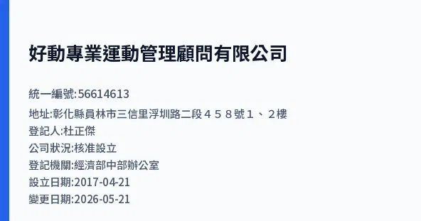 好動專業運動管理顧問有限公司的照片-統編 56614613(彰化縣) 公司登記資料與營業項目詳細圖表
