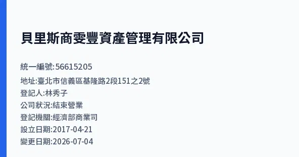 貝里斯商雯豐資產管理有限公司的照片-統編 56615205(臺北市) 公司登記資料與營業項目詳細圖表