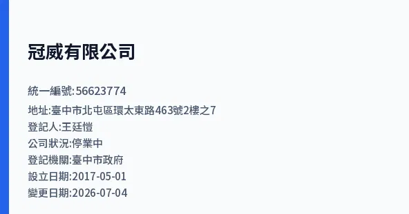 冠威有限公司的照片-統編 56623774(臺中市) 公司登記資料與營業項目詳細圖表