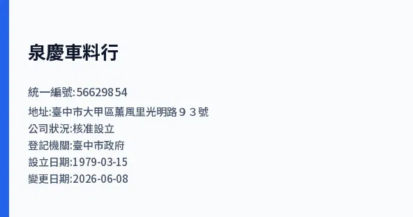 泉慶車料行的照片-統編 56629854(臺中市) 公司登記資料與營業項目詳細圖表