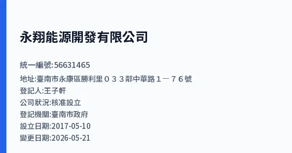 永翔能源開發有限公司的照片-統編 56631465(臺南市) 公司登記資料與營業項目詳細圖表