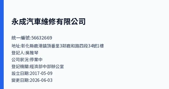 永成汽車維修有限公司的照片-統編 56632669(彰化縣) 公司登記資料與營業項目詳細圖表