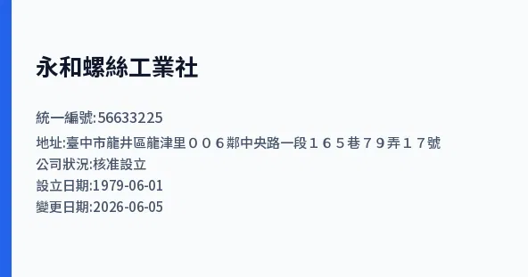 永和螺絲工業社的照片-統編 56633225(臺中市) 公司登記資料與營業項目詳細圖表