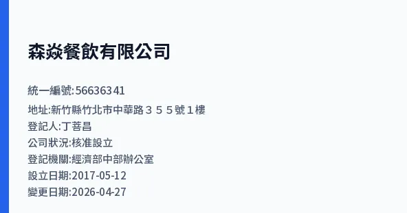森焱餐飲有限公司的照片-統編 56636341(新竹縣) 公司登記資料與營業項目詳細圖表