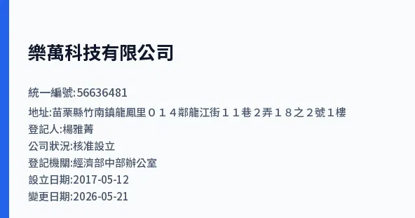 樂萬科技有限公司的照片-統編 56636481(苗栗縣) 公司登記資料與營業項目詳細圖表