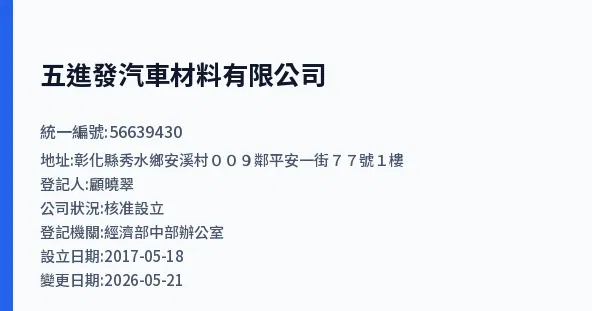 五進發汽車材料有限公司的照片-統編 56639430(彰化縣) 公司登記資料與營業項目詳細圖表
