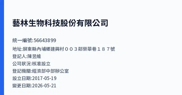 藝林生物科技股份有限公司的照片-統編 56643899(屏東縣) 公司登記資料與營業項目詳細圖表