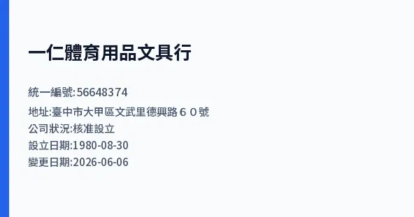 一仁體育用品文具行的照片-統編 56648374(臺中市) 公司登記資料與營業項目詳細圖表