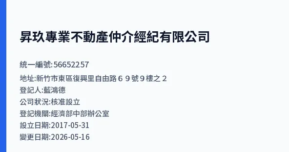 昇玖專業不動產仲介經紀有限公司的照片-統編 56652257(新竹市) 公司登記資料與營業項目詳細圖表