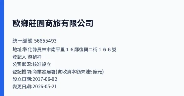 歐鄉莊園商旅有限公司的照片-統編 56655493(彰化縣) 公司登記資料與營業項目詳細圖表