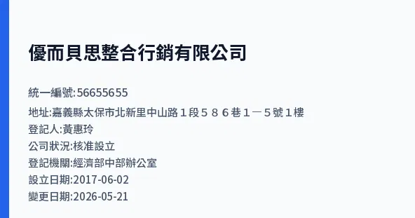 優而貝思整合行銷有限公司的照片-統編 56655655(嘉義縣) 公司登記資料與營業項目詳細圖表