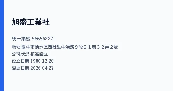 旭盛工業社的照片-統編 56656887(臺中市) 公司登記資料與營業項目詳細圖表