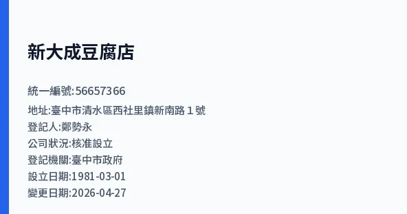 新大成豆腐店的照片-統編 56657366(臺中市) 公司登記資料與營業項目詳細圖表