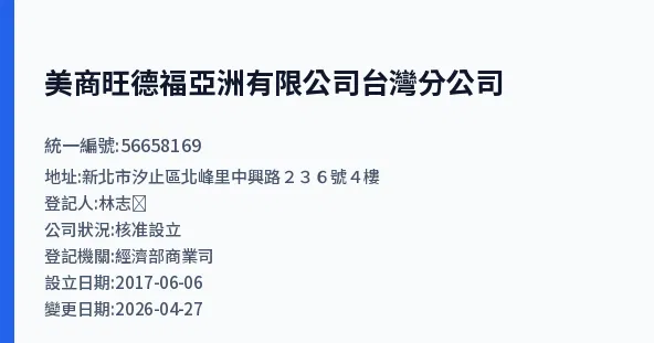 美商旺德福亞洲有限公司台灣分公司的照片-統編 56658169(新北市) 公司登記資料與營業項目詳細圖表