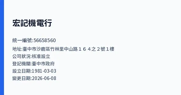 宏記機電行的照片-統編 56658560(臺中市) 公司登記資料與營業項目詳細圖表