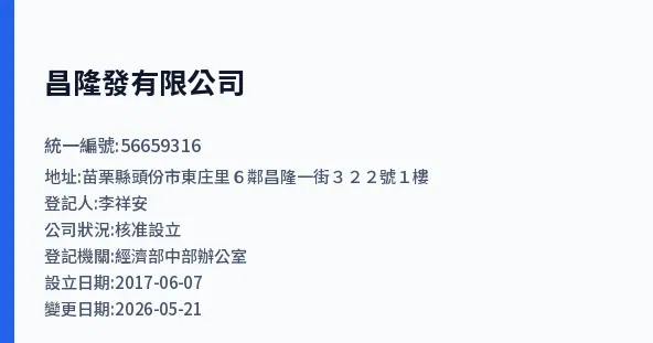 昌隆發有限公司的照片-統編 56659316(苗栗縣) 公司登記資料與營業項目詳細圖表