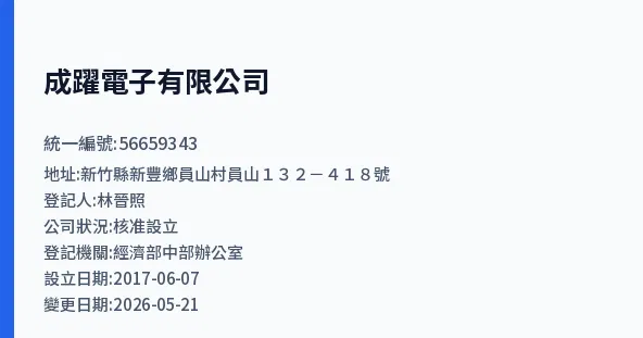 成躍電子有限公司的照片-統編 56659343(新竹縣) 公司登記資料與營業項目詳細圖表