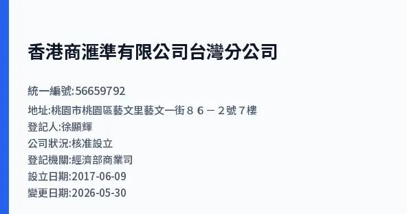 香港商滙準有限公司台灣分公司的照片-統編 56659792(桃園市) 公司登記資料與營業項目詳細圖表