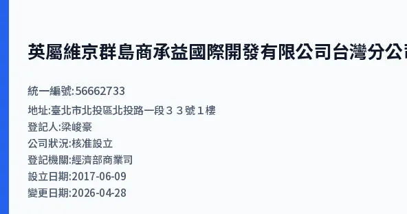 英屬維京群島商承益國際開發有限公司台灣分公司的照片-統編 56662733(臺北市) 公司登記資料與營業項目詳細圖表