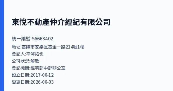 東悅不動產仲介經紀有限公司的照片-統編 56663402(基隆市) 公司登記資料與營業項目詳細圖表