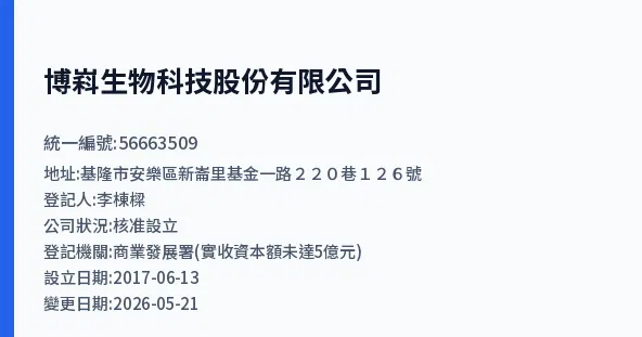 博嵙生物科技股份有限公司的照片-統編 56663509(基隆市) 公司登記資料與營業項目詳細圖表
