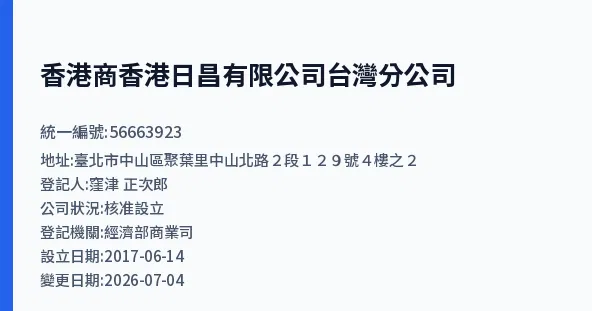 香港商香港日昌有限公司台灣分公司的照片-統編 56663923(臺北市) 公司登記資料與營業項目詳細圖表