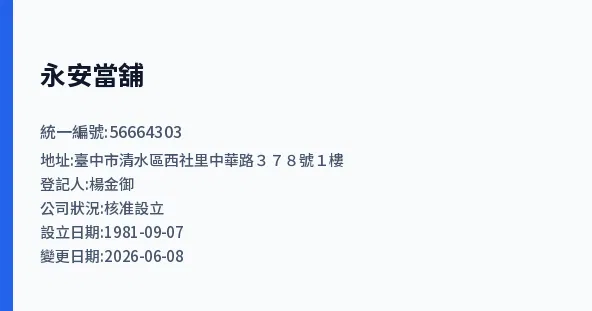 永安當舖的照片-統編 56664303(臺中市) 公司登記資料與營業項目詳細圖表