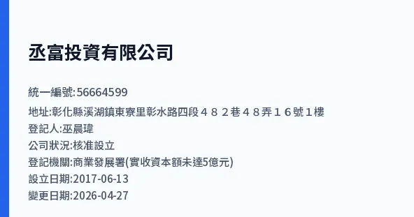 丞富投資有限公司的照片-統編 56664599(彰化縣) 公司登記資料與營業項目詳細圖表