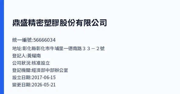 鼎盛精密塑膠股份有限公司的照片-統編 56666034(彰化縣) 公司登記資料與營業項目詳細圖表