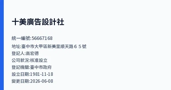 十美廣告設計社的照片-統編 56667168(臺中市) 公司登記資料與營業項目詳細圖表