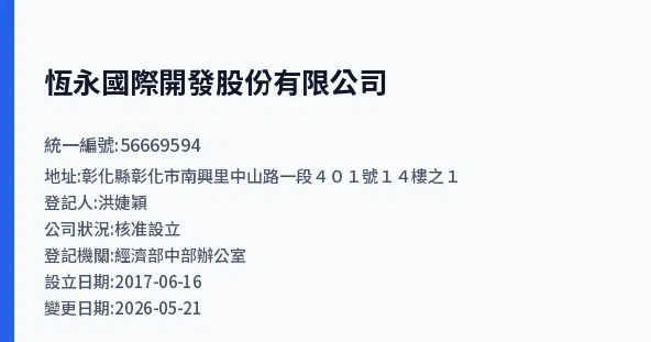 恆永國際開發股份有限公司的照片-統編 56669594(彰化縣) 公司登記資料與營業項目詳細圖表
