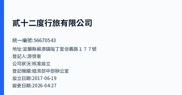 貳十二度行旅有限公司的照片-統編 56670543(宜蘭縣) 公司登記資料與營業項目詳細圖表