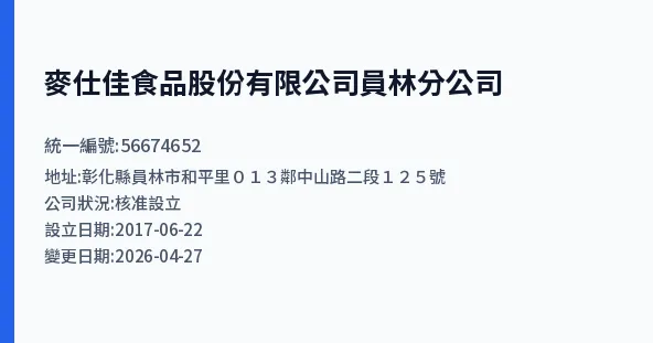 麥仕佳食品股份有限公司員林分公司的照片-統編 56674652(彰化縣) 公司登記資料與營業項目詳細圖表