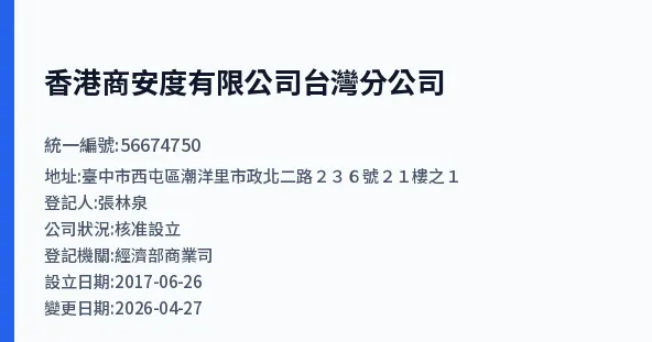 香港商安度有限公司台灣分公司的照片-統編 56674750(臺中市) 公司登記資料與營業項目詳細圖表