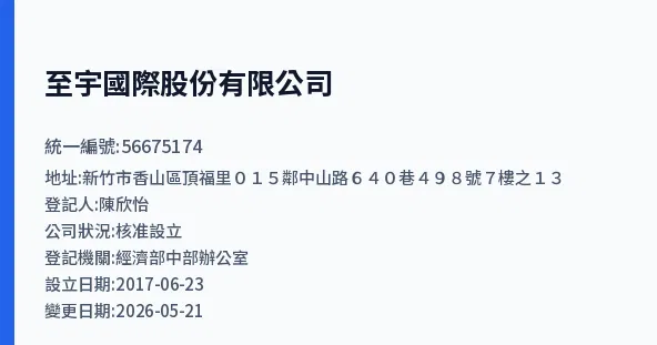 至宇國際股份有限公司的照片-統編 56675174(新竹市) 公司登記資料與營業項目詳細圖表