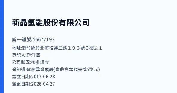 新晶氫能股份有限公司的照片-統編 56677193(新竹縣) 公司登記資料與營業項目詳細圖表