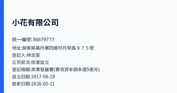 小花有限公司的照片-統編 56679777(屏東縣) 公司登記資料與營業項目詳細圖表