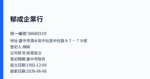 郁成企業行的照片-統編 56680319(臺中市) 公司登記資料與營業項目詳細圖表
